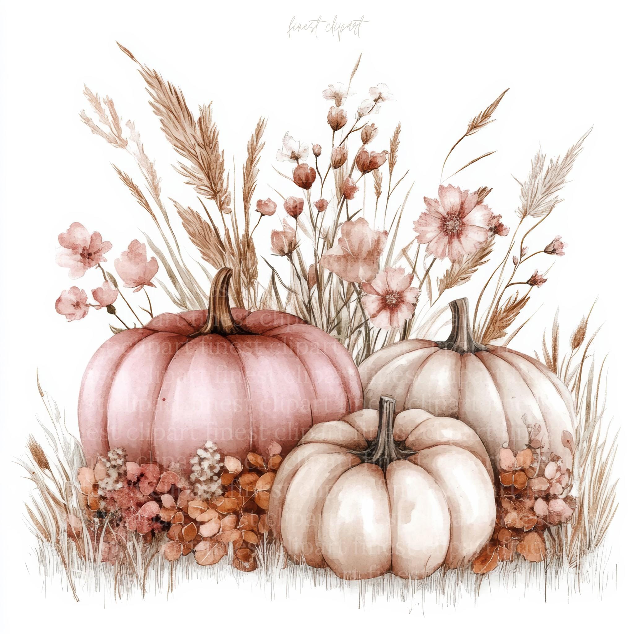 12 Blush Pink Pumpkin Watercolor Clipart, Floral JPG, White Background ...