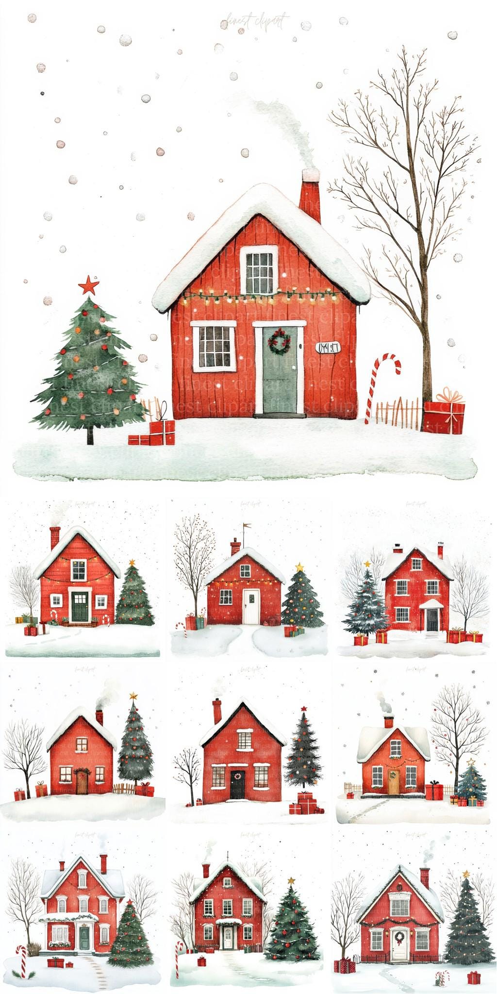 13 Cute Christmas House and Tree Watercolor Clipart, Red Snowy House ...