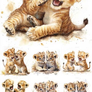 15 Cute Playing Lion Babies Watercolor Clipart, JPG With White ...