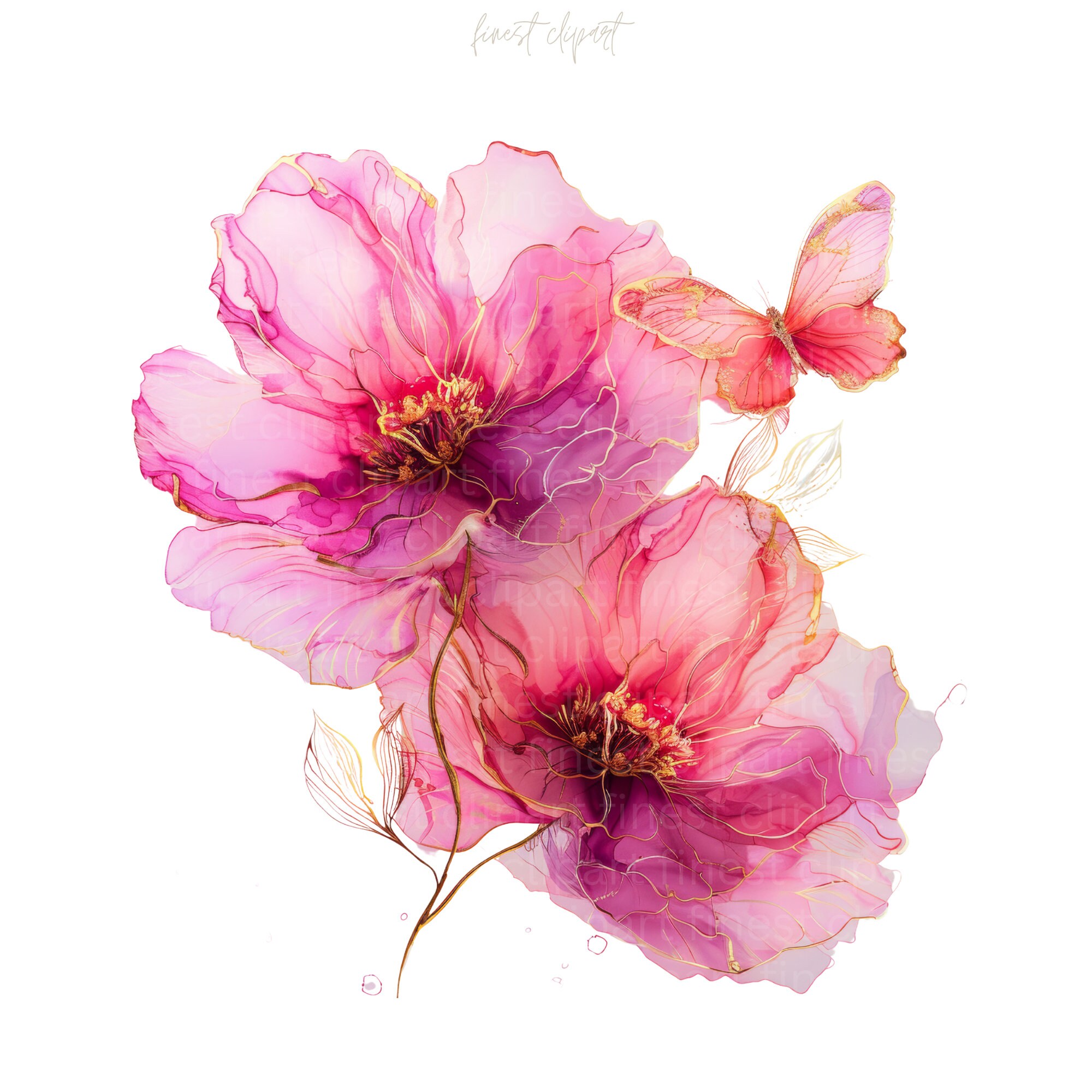 15 Abstract Watercolor Flower Clipart PNG Set Pink and Gold Blossoms ...