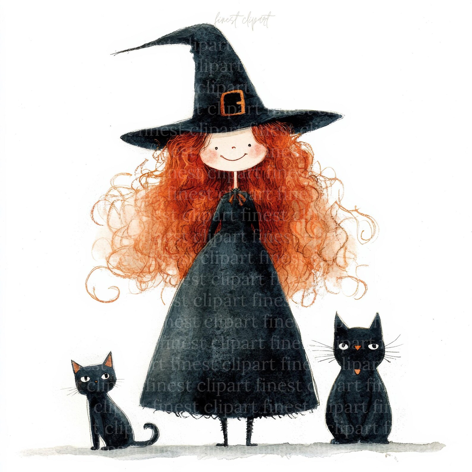 10 Cute Witch With Cat Watercolor Clipart, JPG, Halloween Images With ...