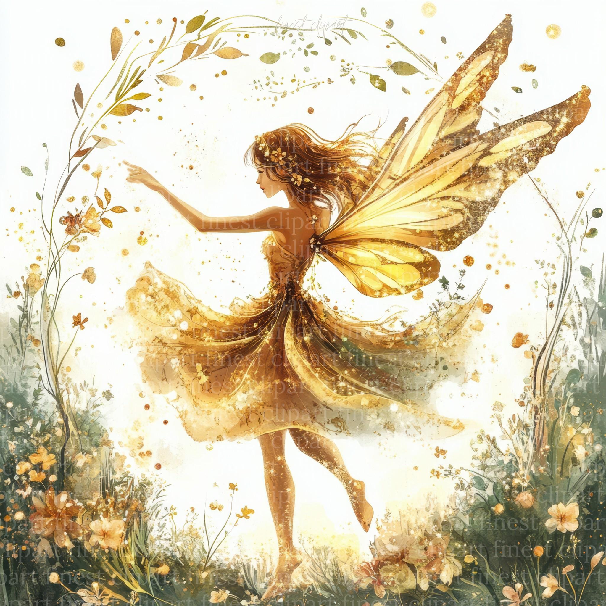 10 Golden Fairies Clipart JPG Watercolor Fantasy Images on White ...