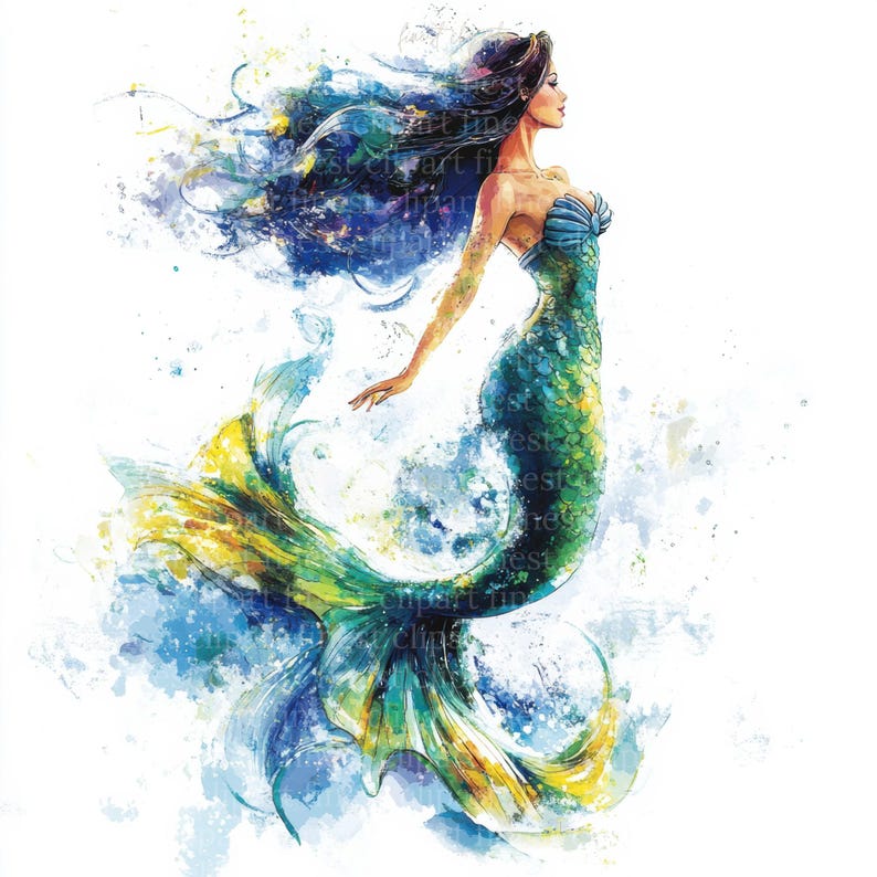 11 Colorful Mermaid Watercolor Clipart, Swimming Mermaids, JPG With ...