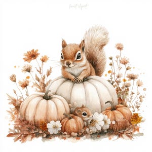 12 Autumn Pumpkins With Squirrel Watercolor Clipart, JPG on White ...