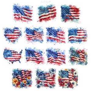 14 USA Flag Watercolor Clipart - High-resolution JPG Set, White ...