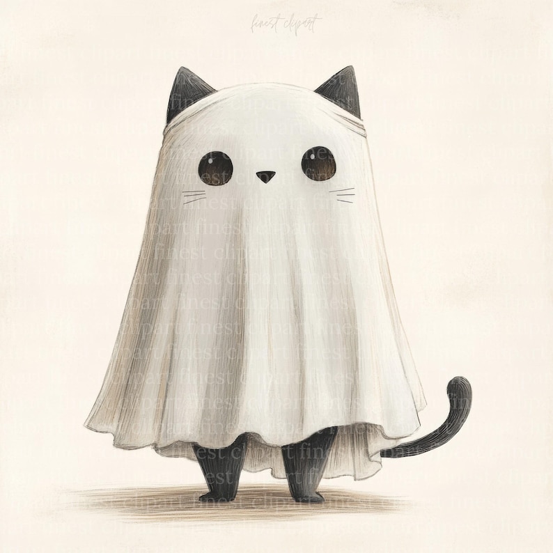 10 Cute Ghost Cat, Halloween Watercolor Clipart, JPG on White ...