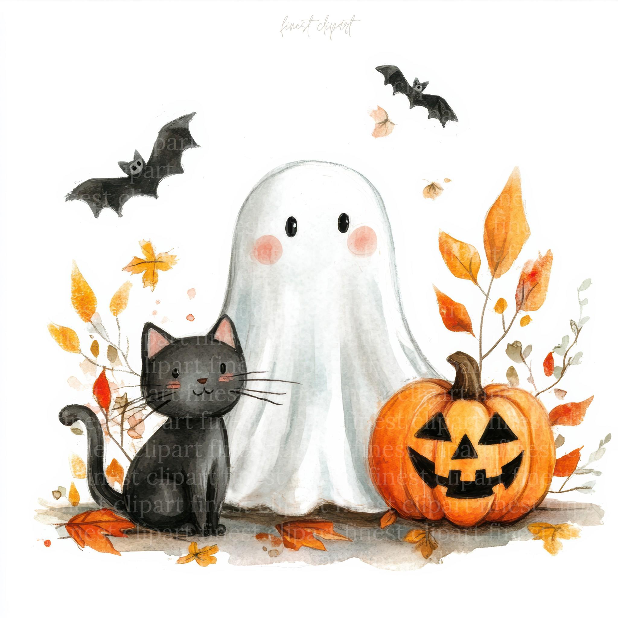 10 Cute Halloween Ghosts With Pumpkin and Cat Watercolor Clipart, JPG ...