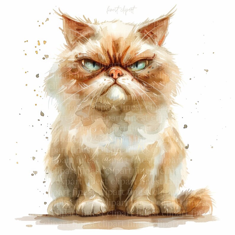 10 Grumpy Cartoon Cat JPG Clipart Set Annoyed Cat Watercolor Images ...