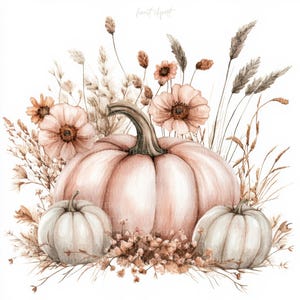 12 Blush Pink Pumpkin Watercolor Clipart, Floral JPG, White Background ...