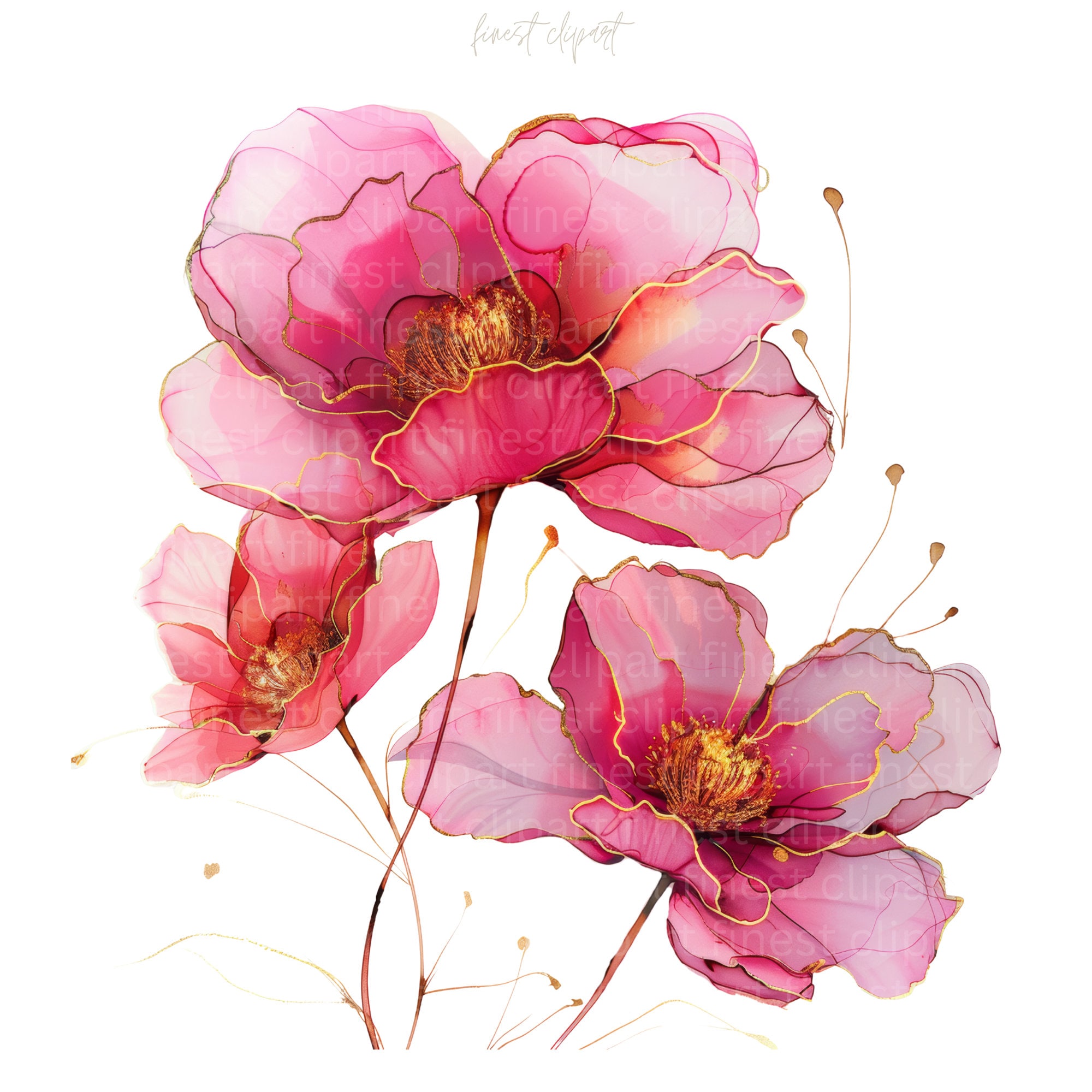 15 Abstract Watercolor Flower Clipart PNG Set - Pink and Gold Blossoms ...
