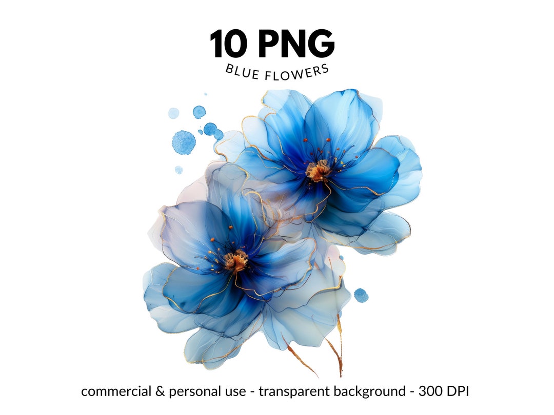10 Abstract Watercolor Flower Clipart PNG Set - Blue Floral Designs ...