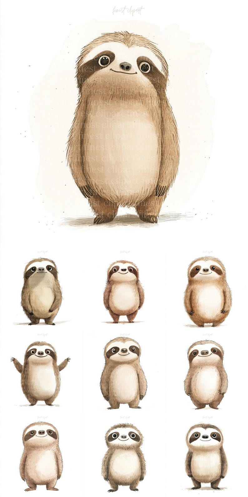 11 Cartoon Sloth Watercolor JPG Clipart, White Background, Digital ...