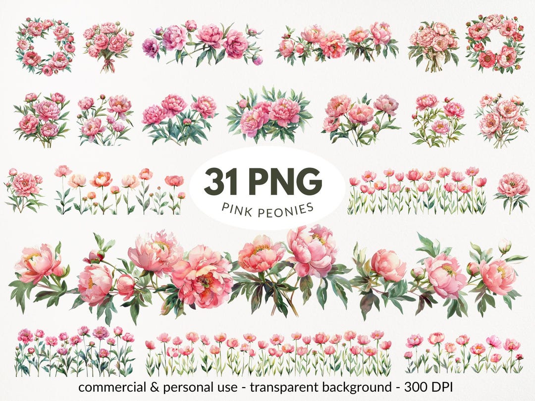 31 Pink Peony Flower Clipart Design Bundle: Seamless Borders, Wreaths ...