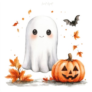 10 Cute Halloween Ghosts With Pumpkin and Cat Watercolor Clipart, JPG ...
