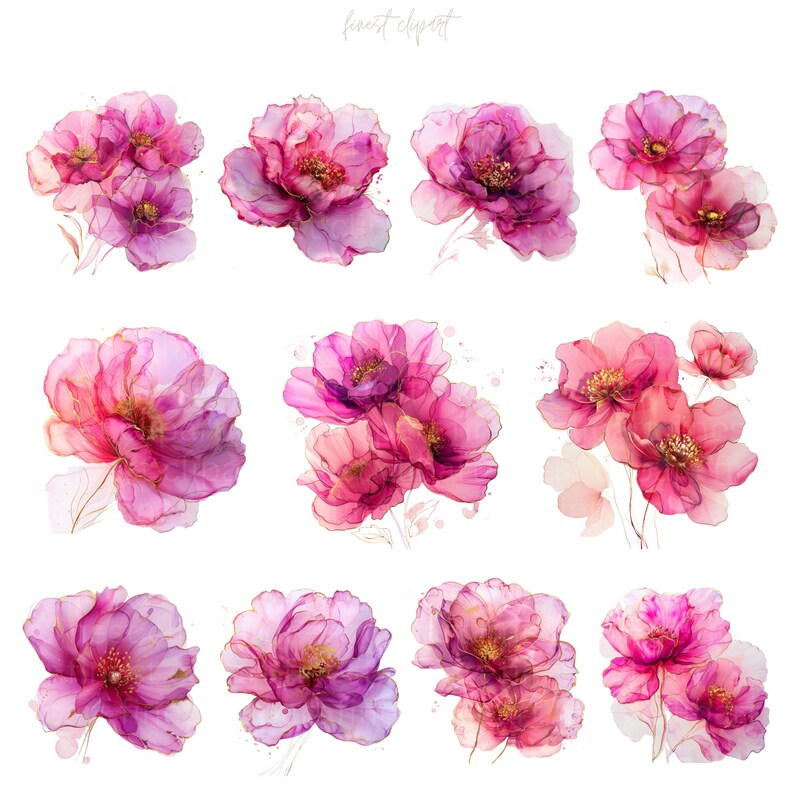 15 Abstract Watercolor Flower Clipart PNG Set Pink and Gold Blossoms ...