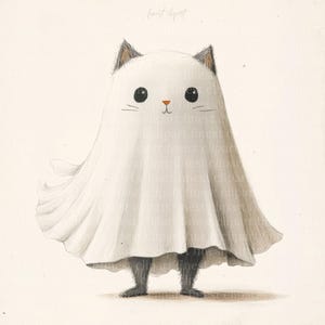 10 Cute Ghost Cat, Halloween Watercolor Clipart, JPG on White ...