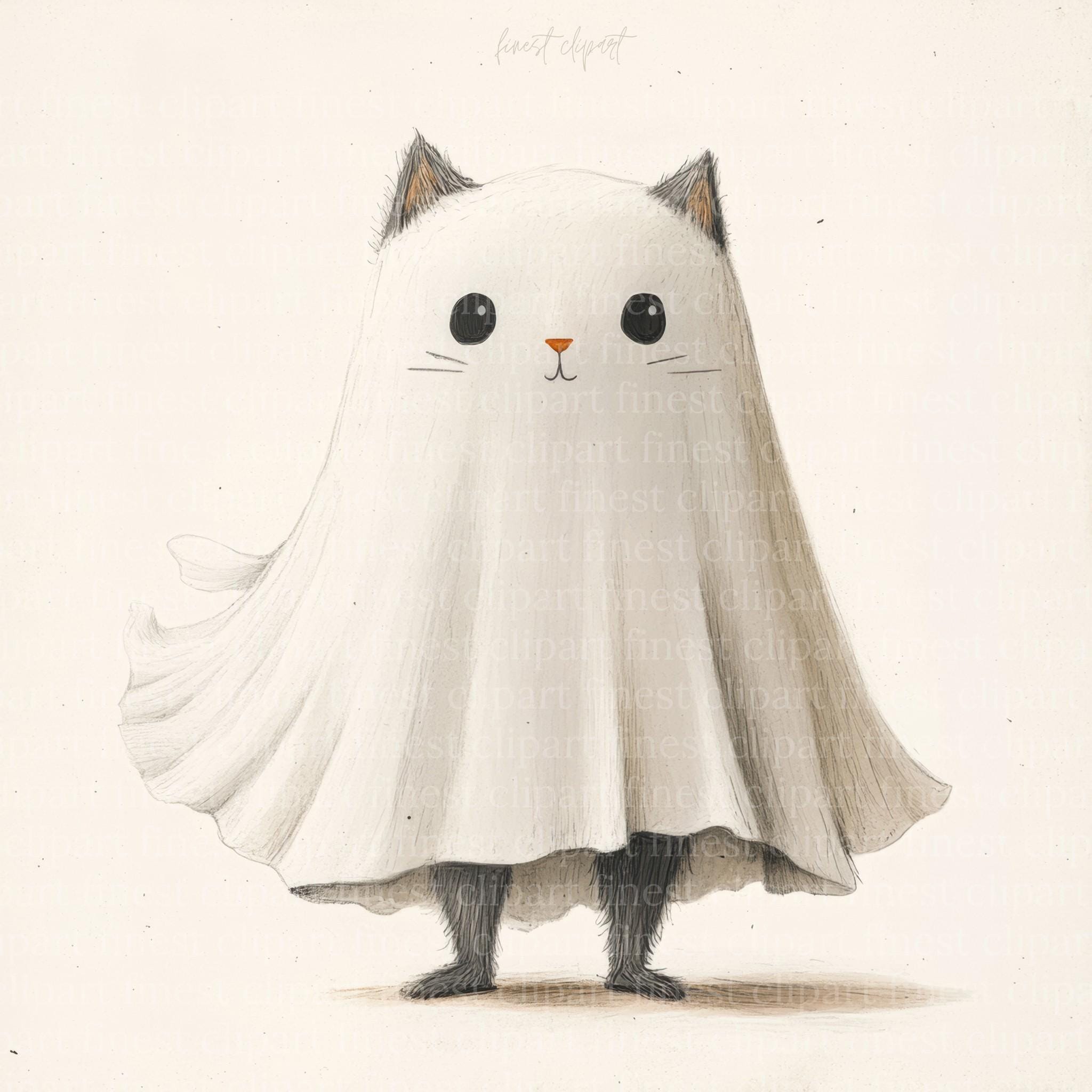 10 Cute Ghost Cat, Halloween Watercolor Clipart, JPG on White ...