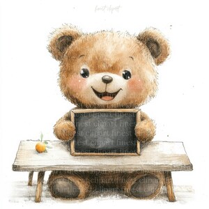10 Teddy Bear With Blackboard Watercolor Clipart, JPG With White ...
