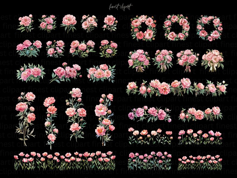 31 Pink Peony Flower Clipart Design Bundle: Seamless Borders, Wreaths ...
