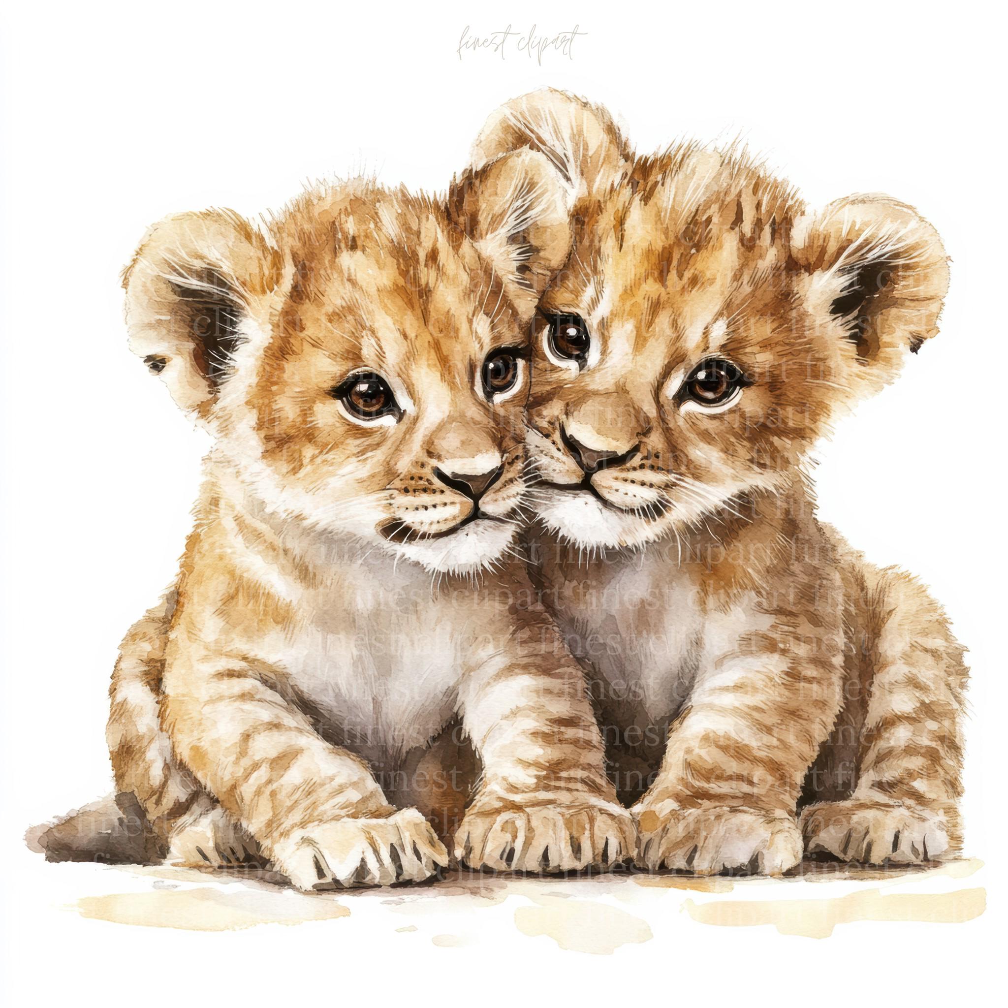 15 Cute Playing Lion Babies Watercolor Clipart, JPG With White ...