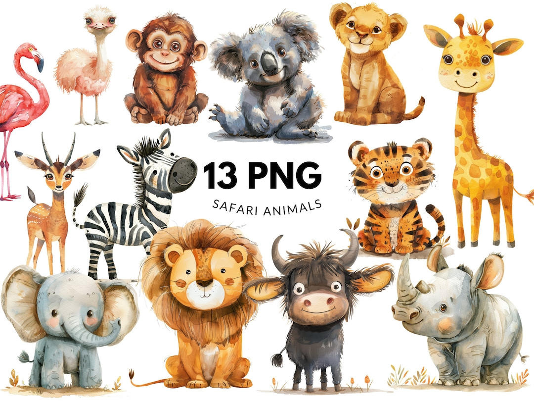 Safari Baby Animal Clipart Set: 13 PNG Files, Cute Watercolor Animals ...