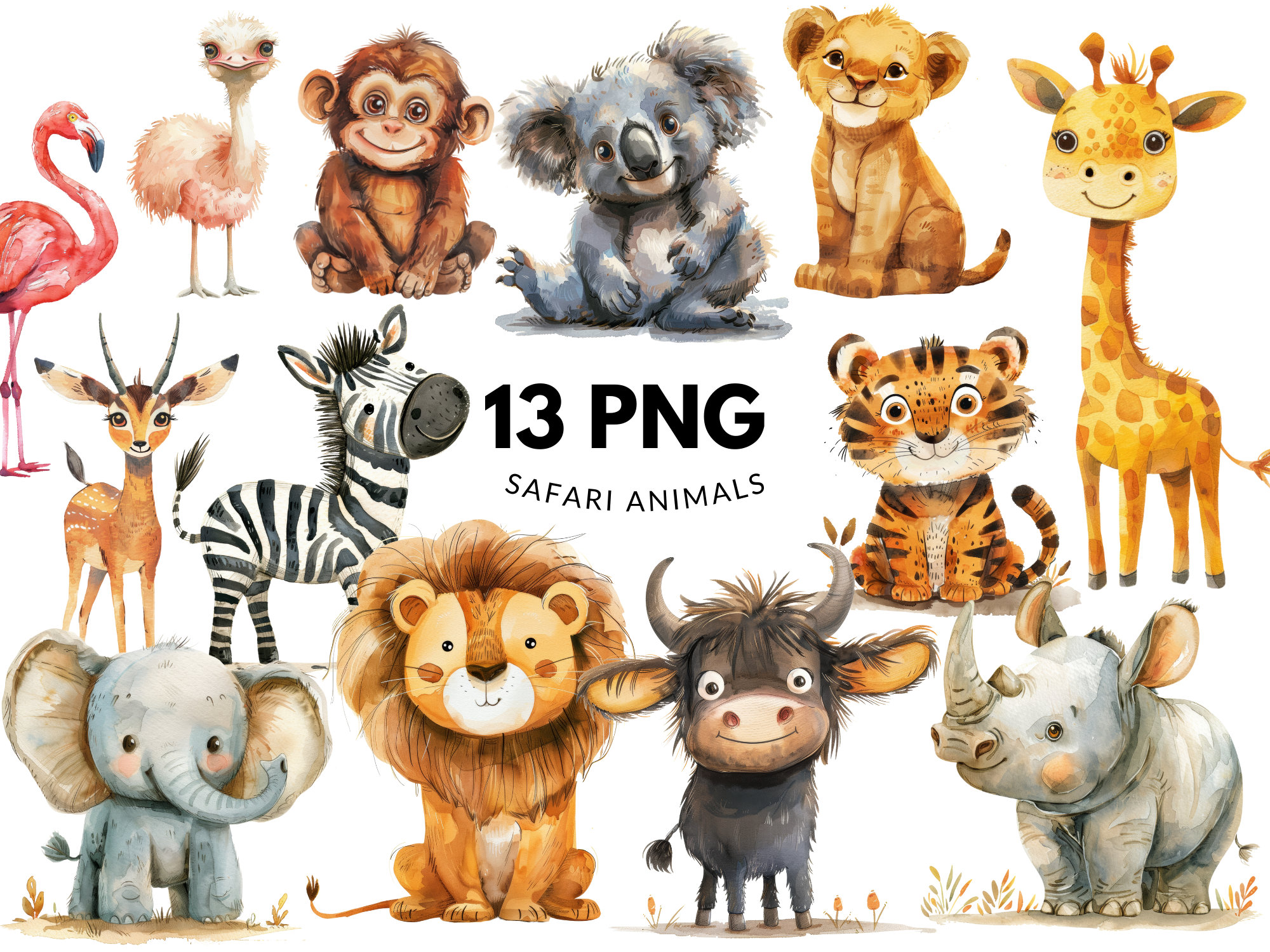 Safari Baby Animal Clipart Set: 13 PNG Files, Cute Watercolor Animals ...