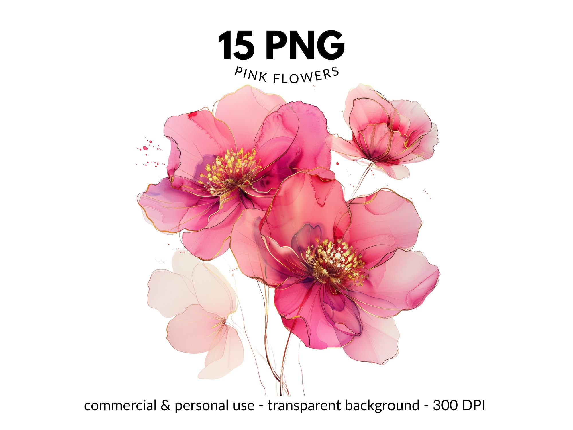 15 Abstract Watercolor Flower Clipart PNG Set Pink and Gold Blossoms ...