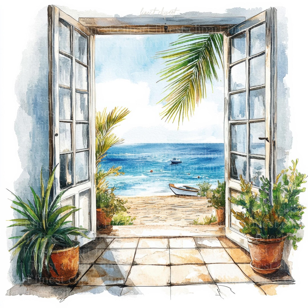 11 Ocean View Watercolor Clipart Images, White Background JPG, Digital ...