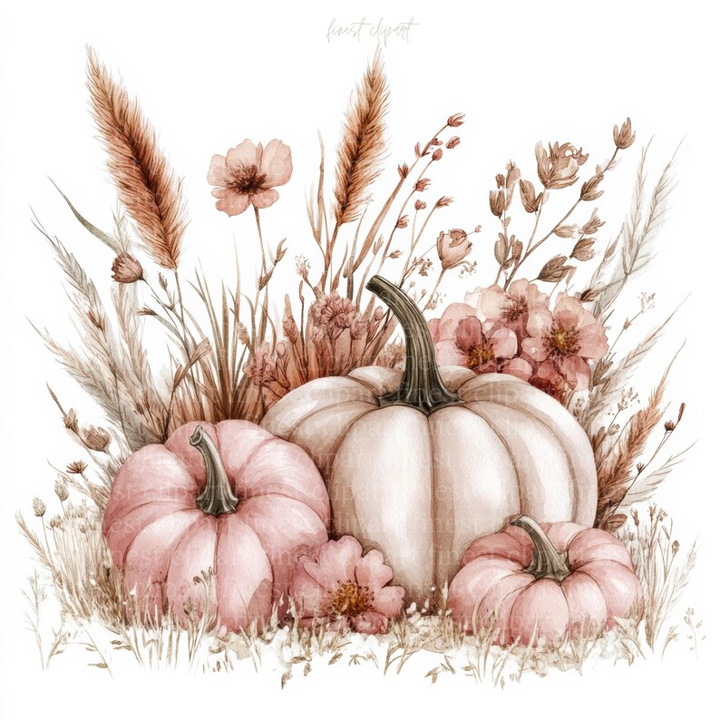 12 Blush Pink Pumpkin Watercolor Clipart, Floral JPG, White Background ...