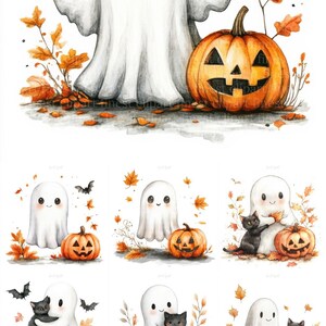 10 Cute Halloween Ghosts With Pumpkin and Cat Watercolor Clipart, JPG ...
