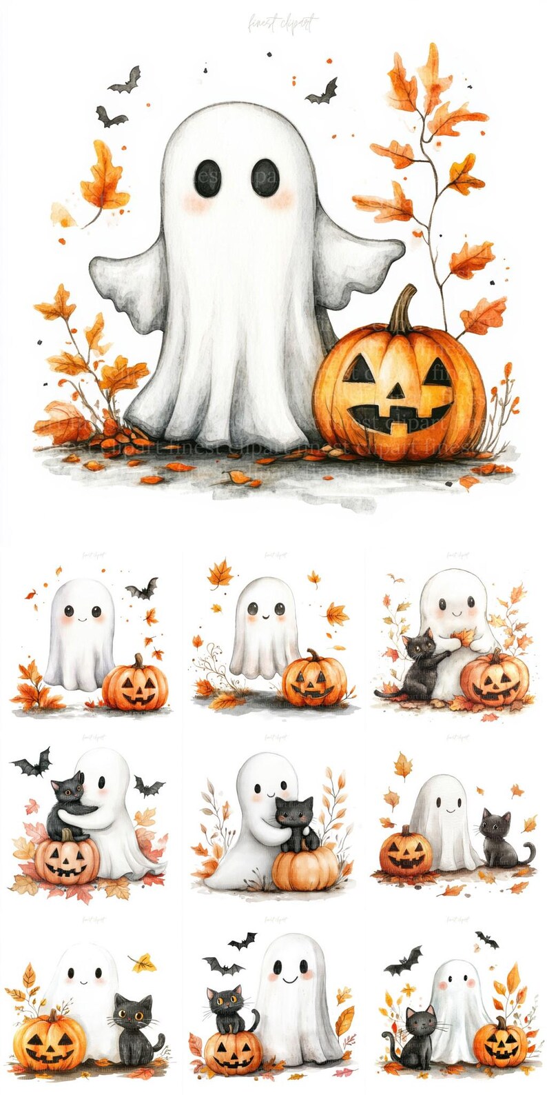 10 Cute Halloween Ghosts With Pumpkin and Cat Watercolor Clipart, JPG ...