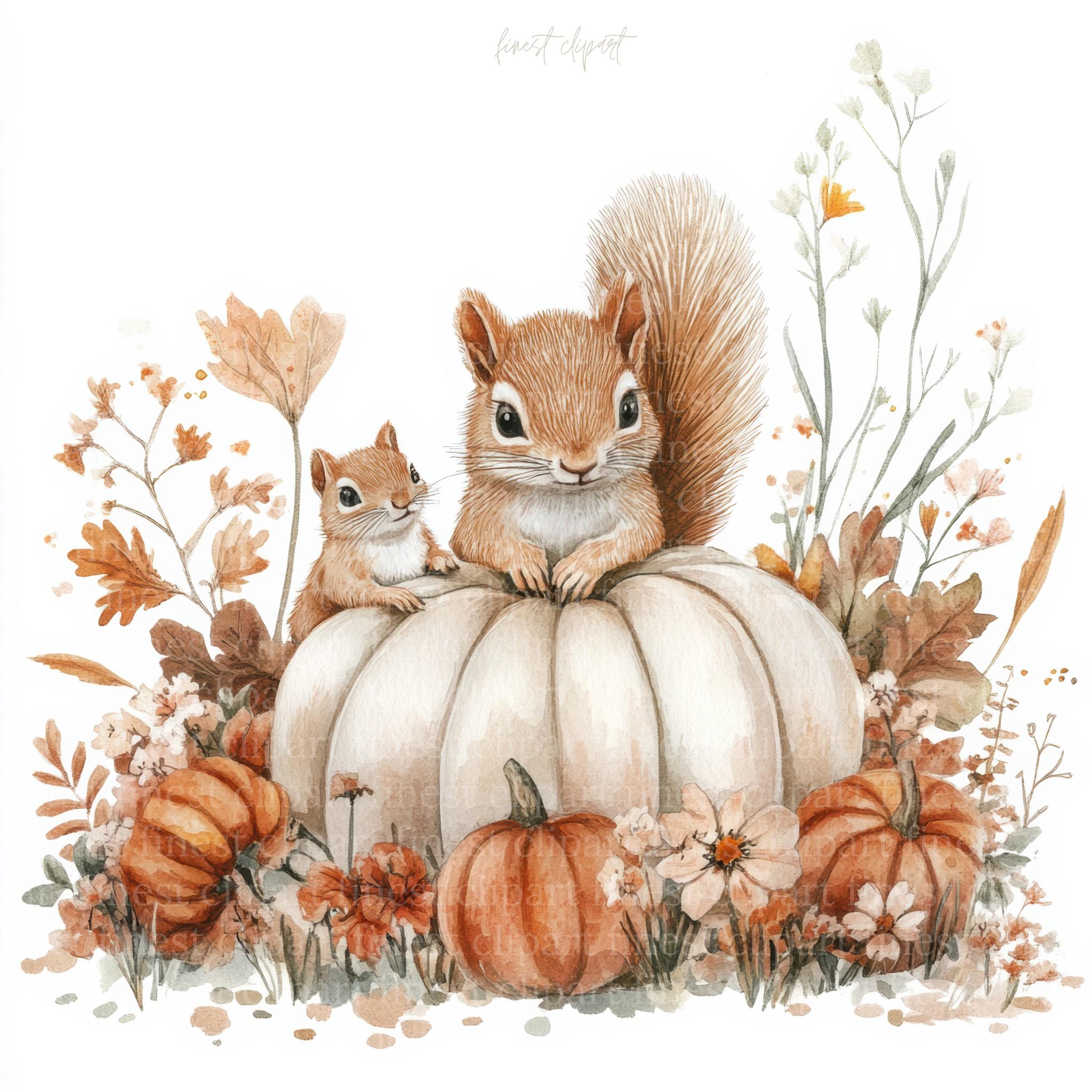 12 Autumn Pumpkins With Squirrel Watercolor Clipart, JPG on White ...