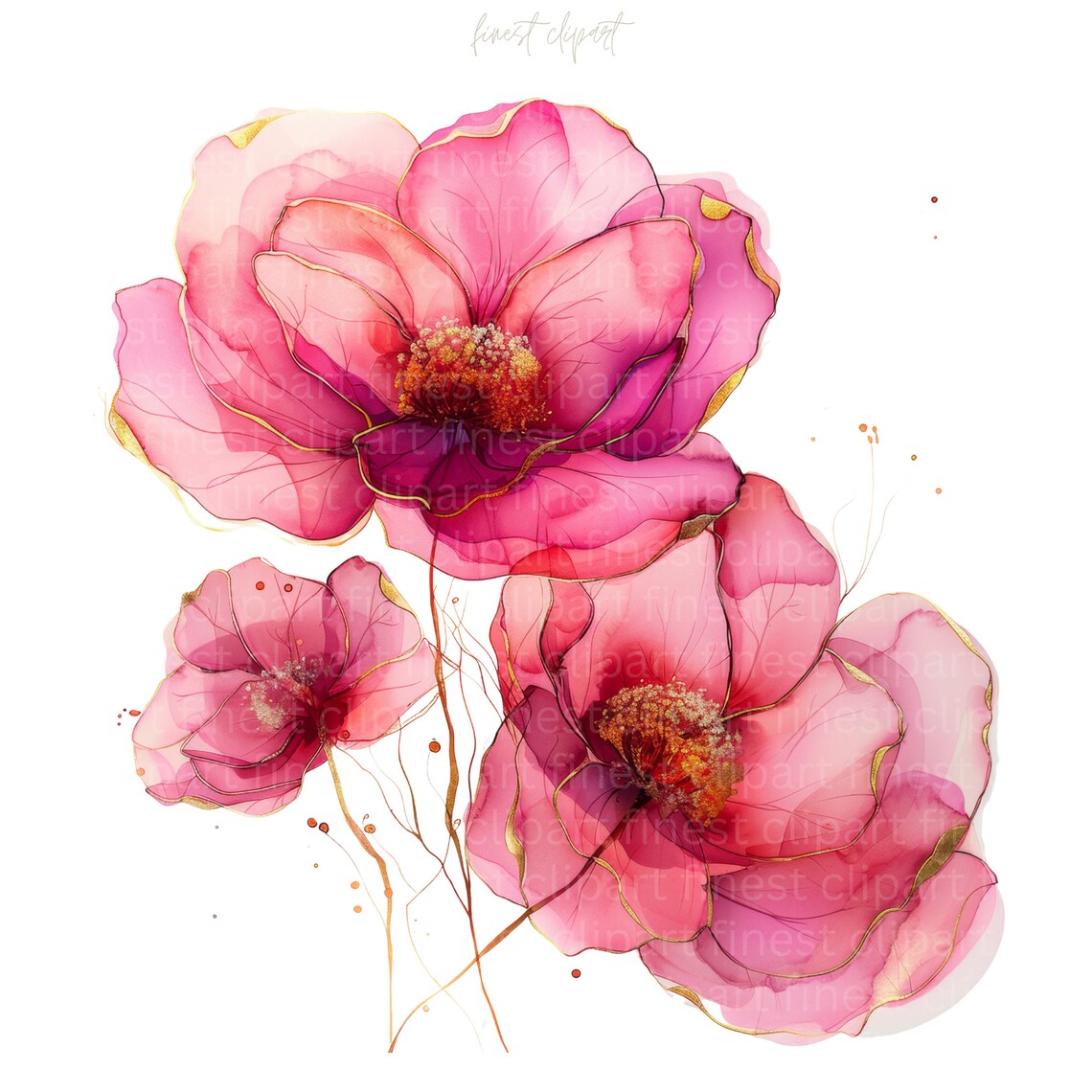 15 Abstract Watercolor Flower Clipart PNG Set - Pink and Gold Blossoms ...