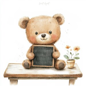 10 Teddy Bear With Blackboard Watercolor Clipart, JPG With White ...