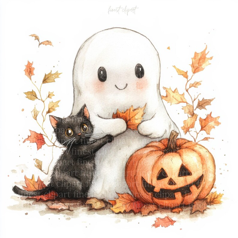 10 Cute Halloween Ghosts With Pumpkin and Cat Watercolor Clipart, JPG ...