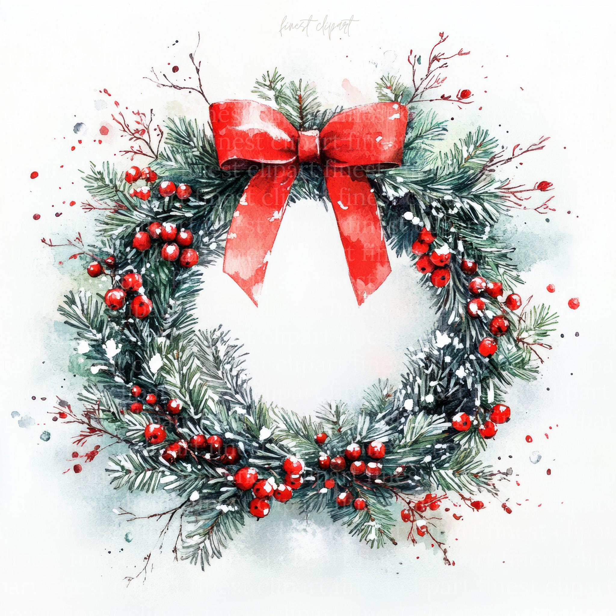 12 Christmas Wreath Watercolor Clipart, Snowy Winter Wreath, JPG on ...