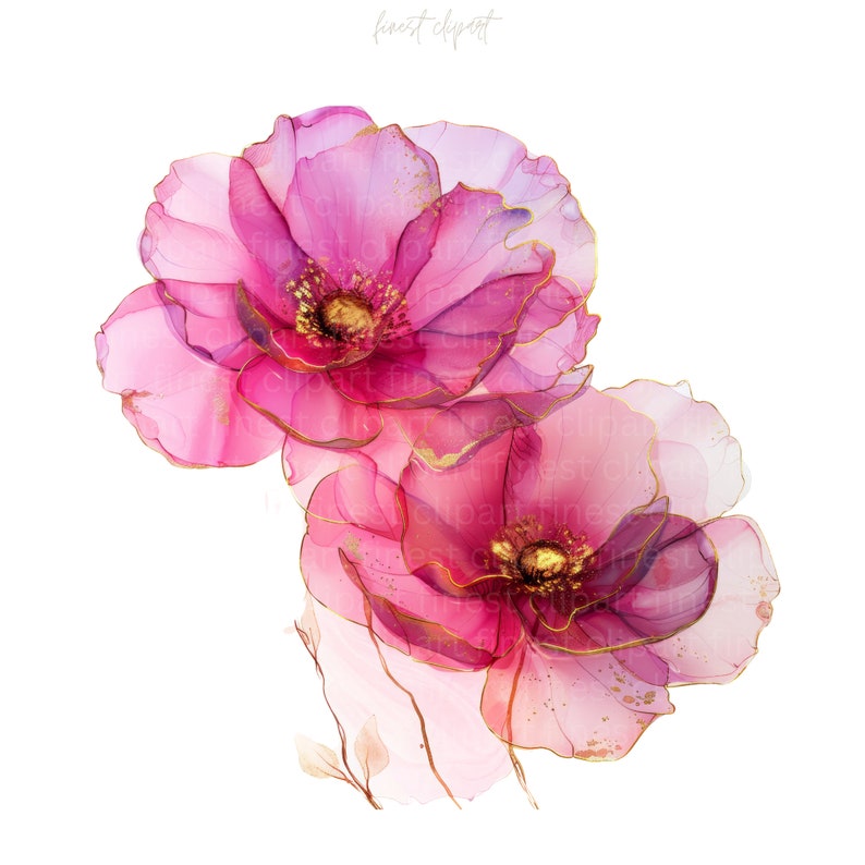 15 Abstract Watercolor Flower Clipart PNG Set Pink and Gold Blossoms ...