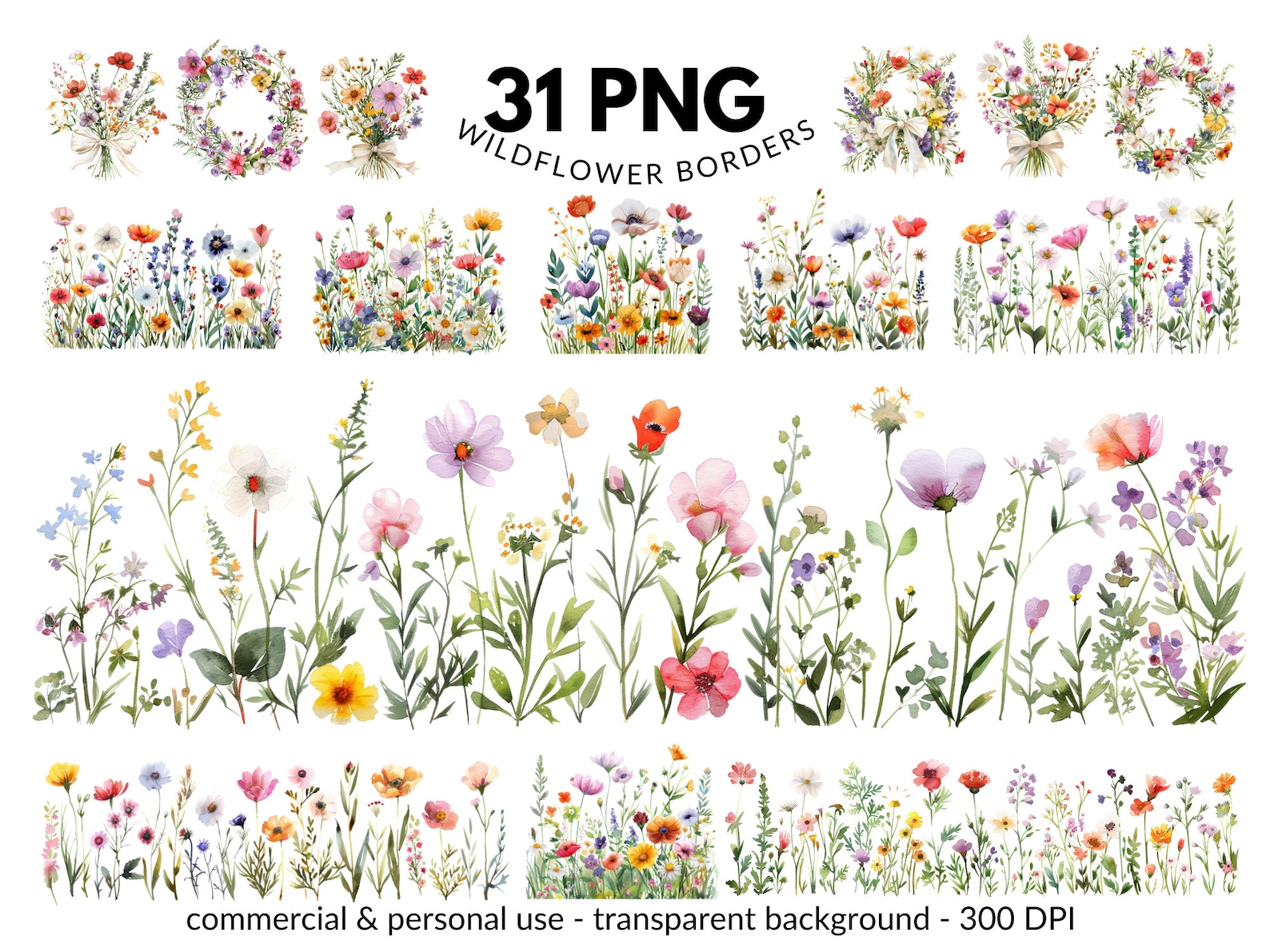 31 Wildflower Border Clipart PNG Set Colorful Floral Wreaths and ...
