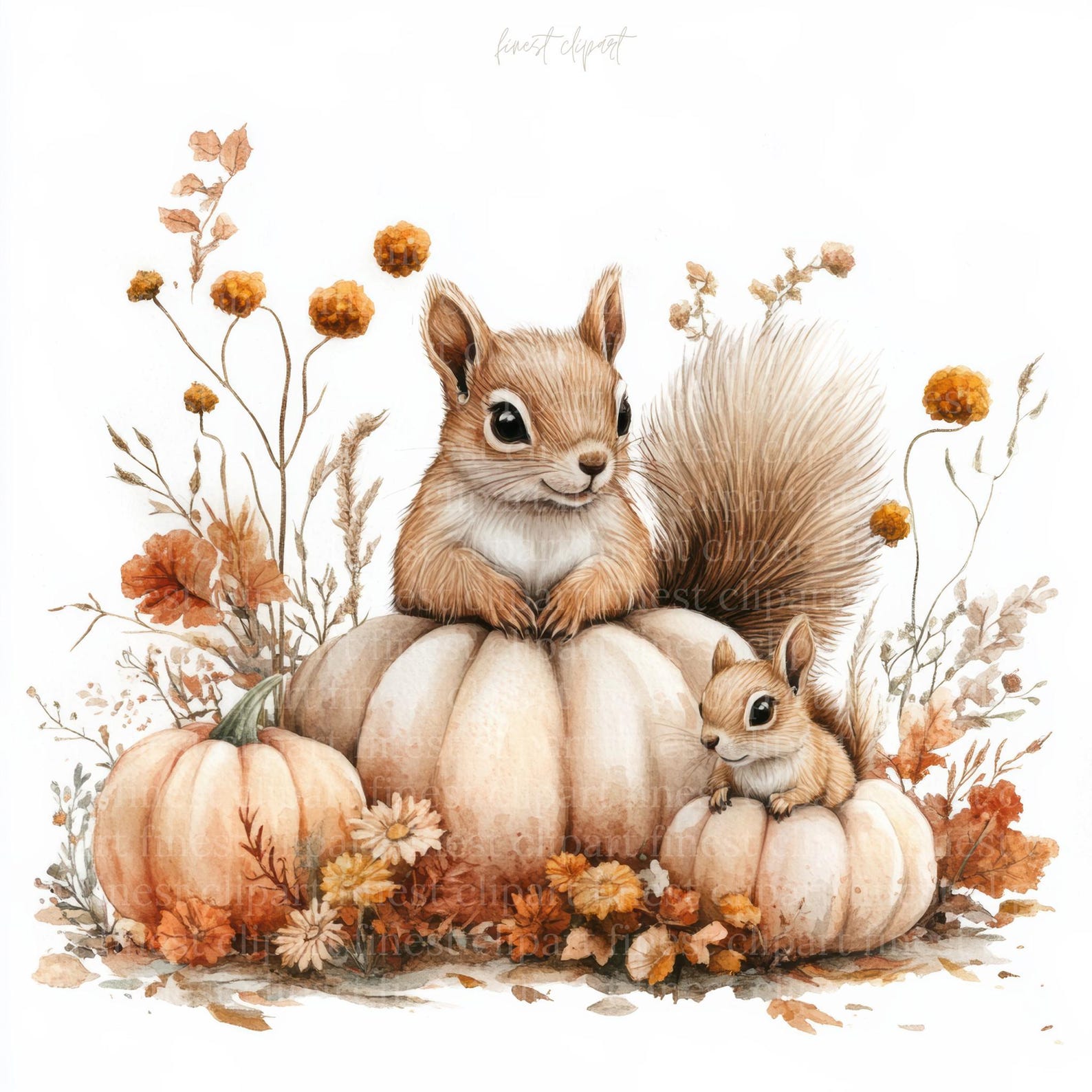 12 Autumn Pumpkins With Squirrel Watercolor Clipart, JPG on White ...