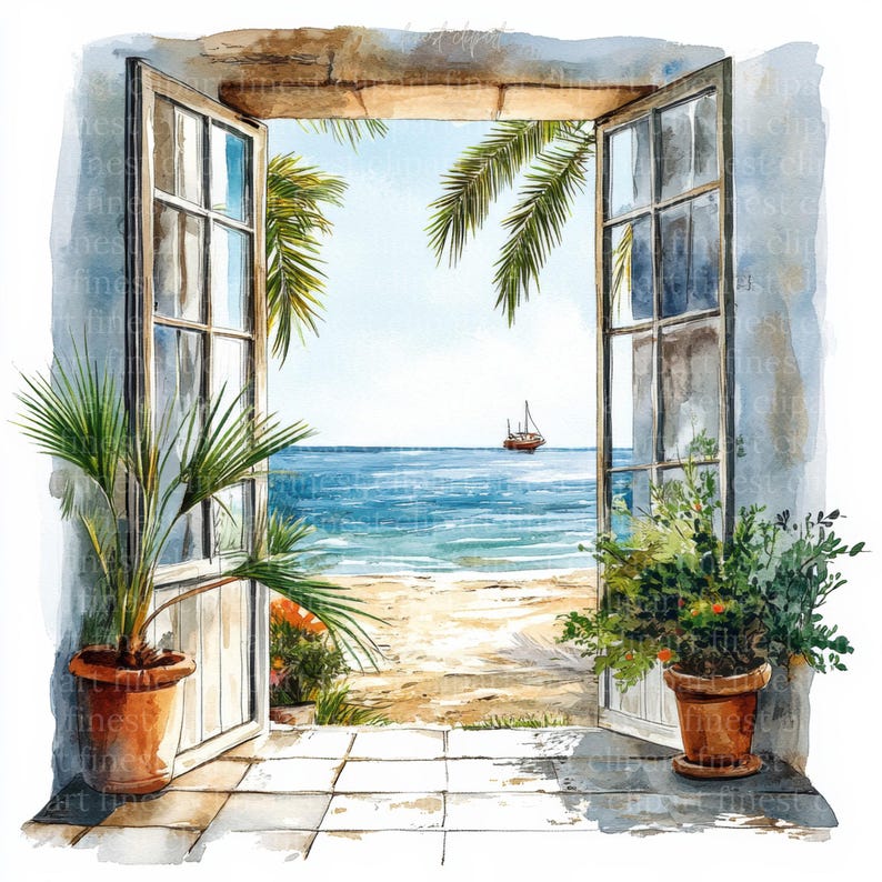 11 Ocean View Watercolor Clipart Images, White Background JPG, Digital ...
