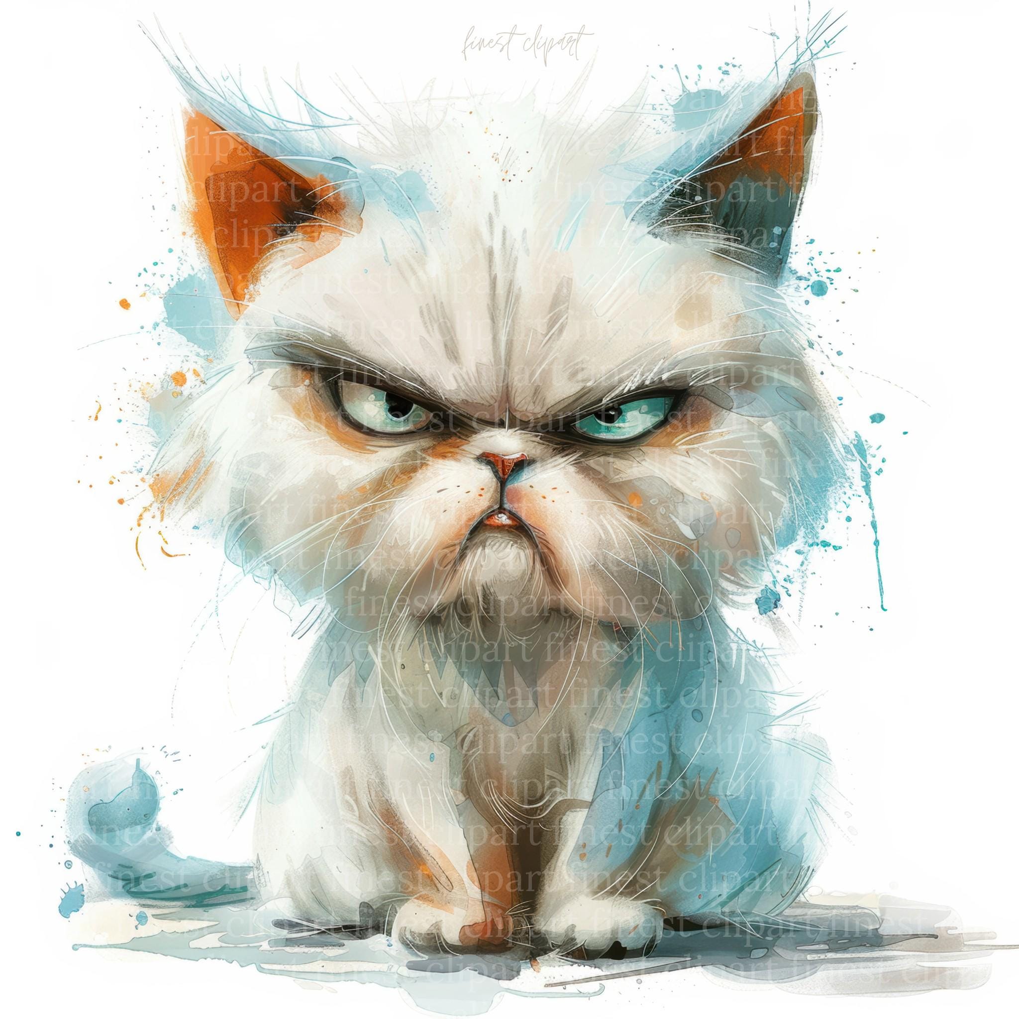 10 Grumpy Cartoon Cat JPG Clipart Set Annoyed Cat Watercolor Images ...