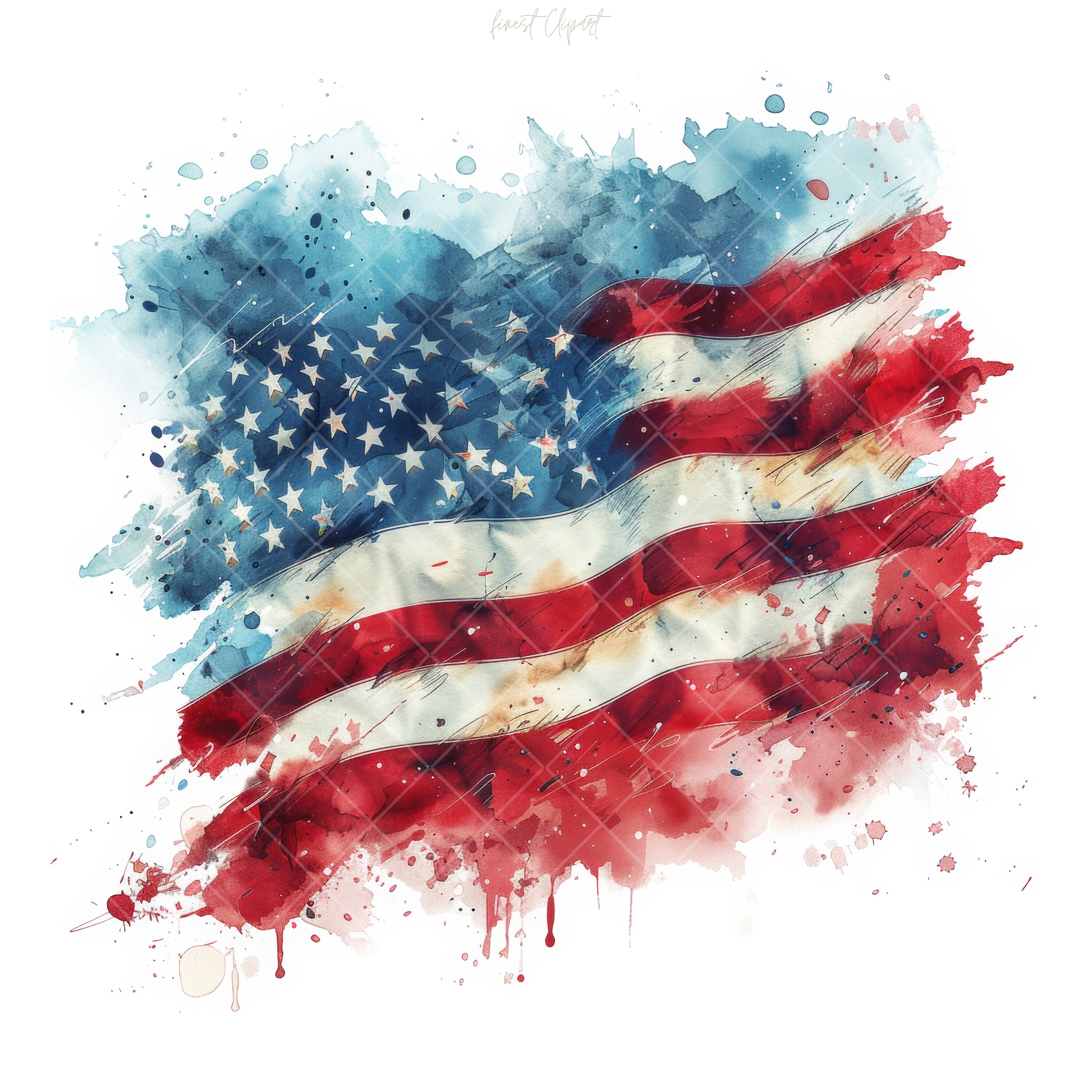 14 USA Flag Watercolor Clipart - High-resolution JPG Set, White ...