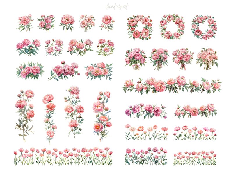 31 Pink Peony Flower Clipart Design Bundle: Seamless Borders, Wreaths ...