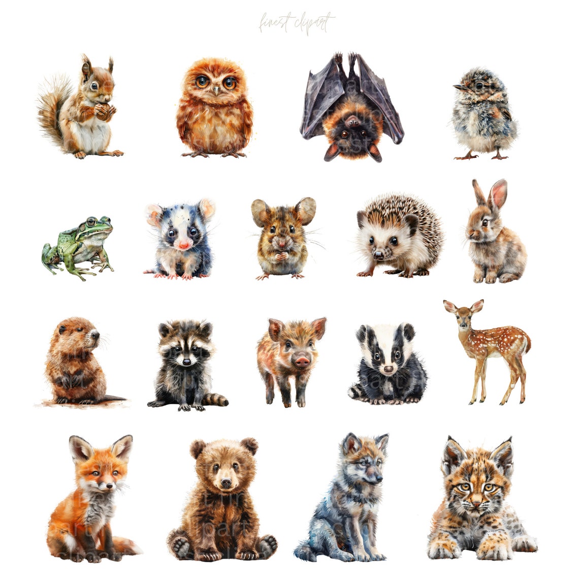Woodland Baby Animal Clipart Set: 18 PNG Files, Naturalistic Watercolor ...