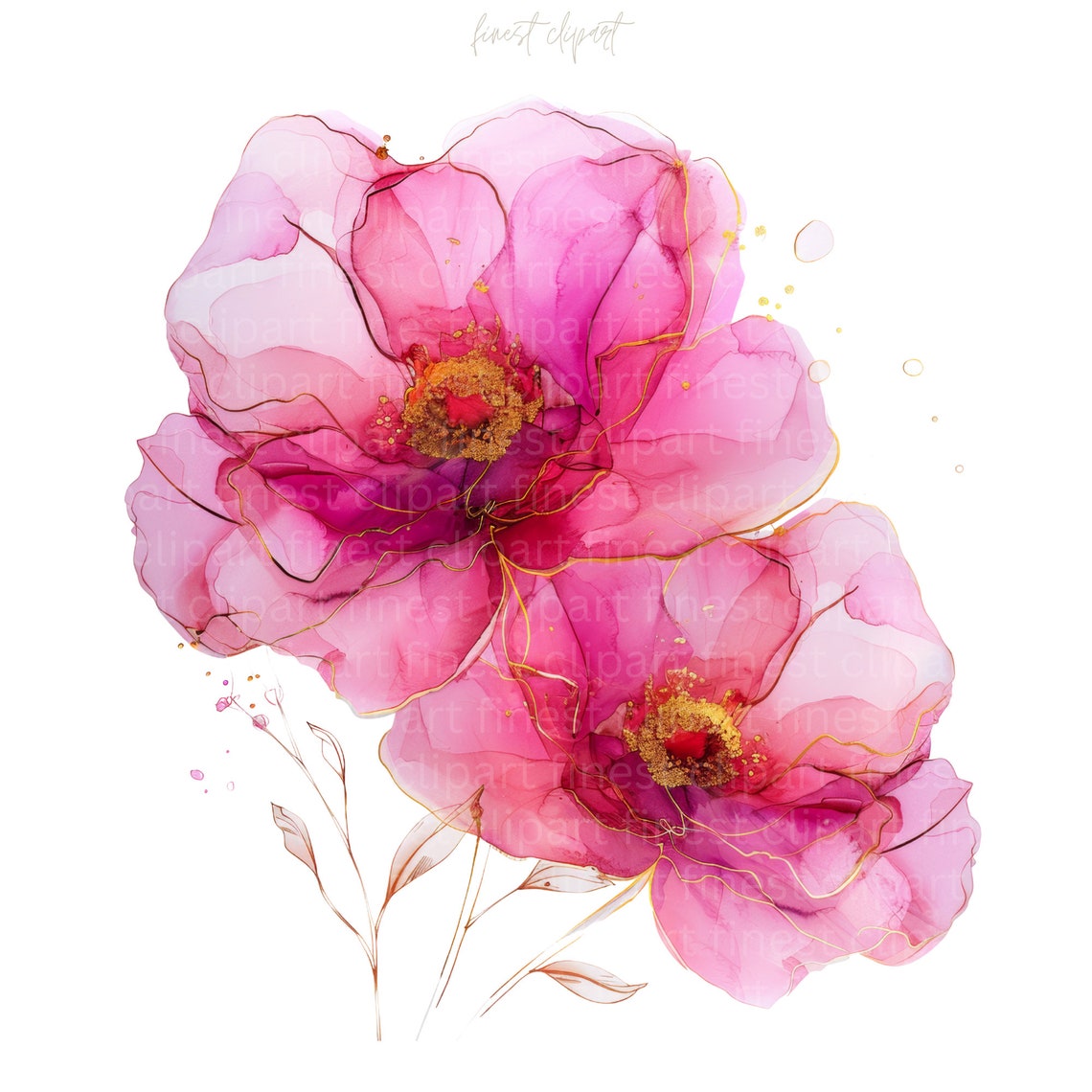 15 Abstract Watercolor Flower Clipart PNG Set - Pink and Gold Blossoms ...