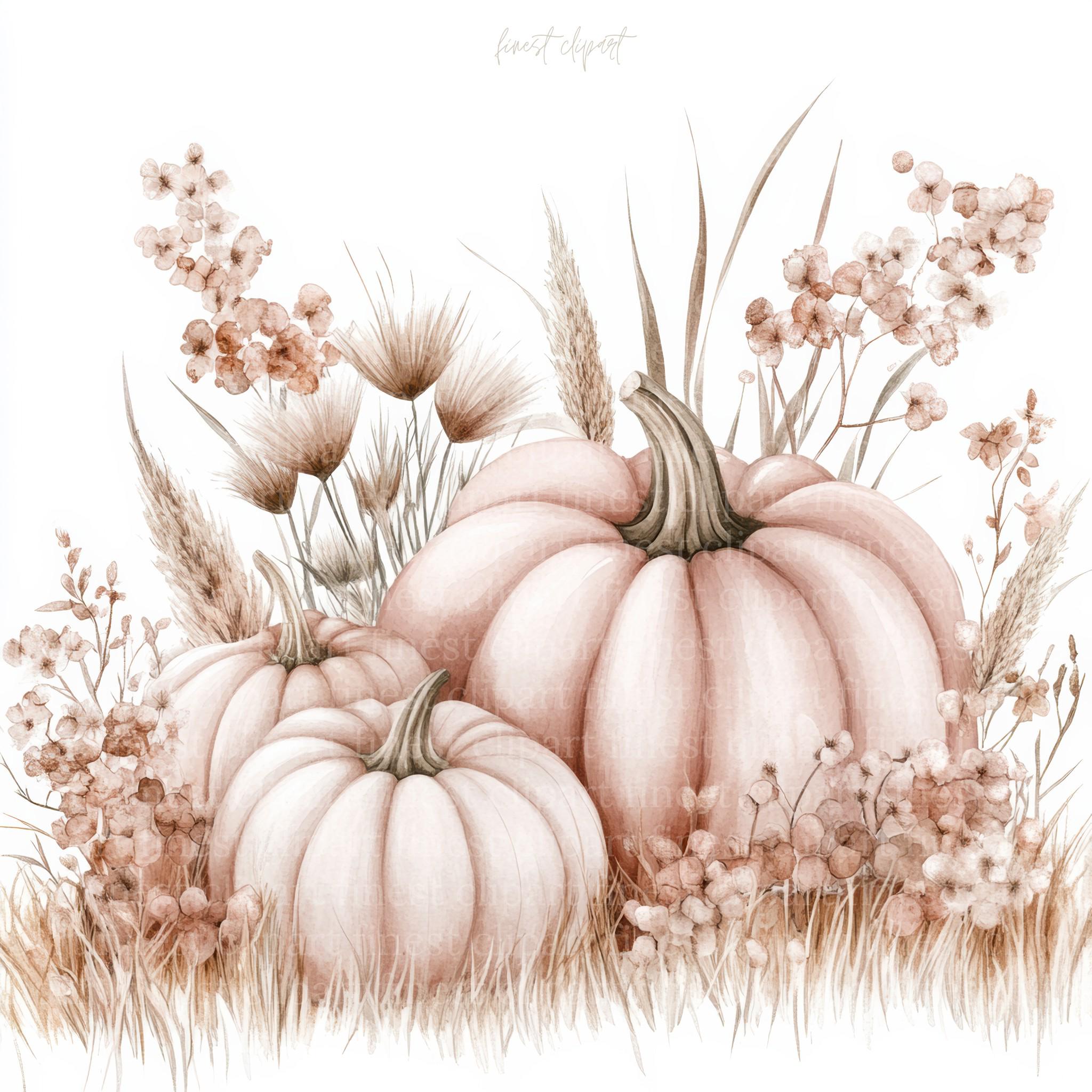 12 Blush Pink Pumpkin Watercolor Clipart, Floral JPG, White Background ...