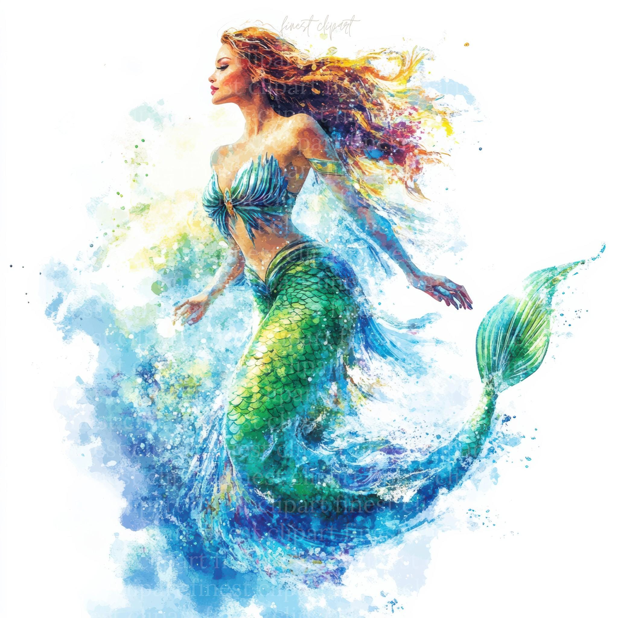 11 Colorful Mermaid Watercolor Clipart, Swimming Mermaids, JPG With ...