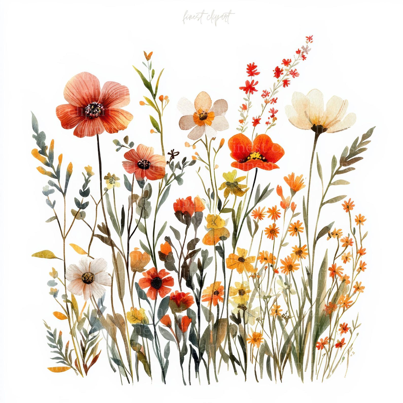 13 Autumn Wildflowers Watercolor Clipart, JPG Set on White Background ...