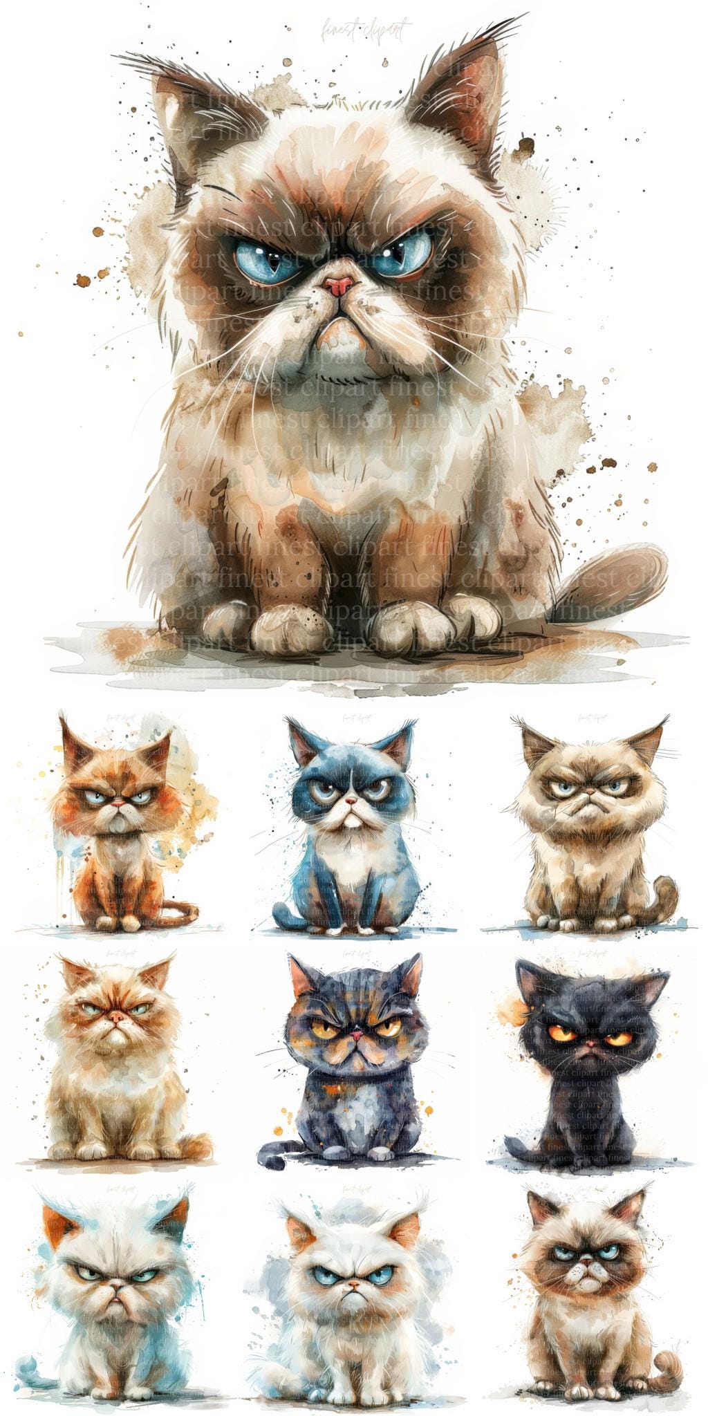10 Grumpy Cartoon Cat JPG Clipart Set Annoyed Cat Watercolor Images ...