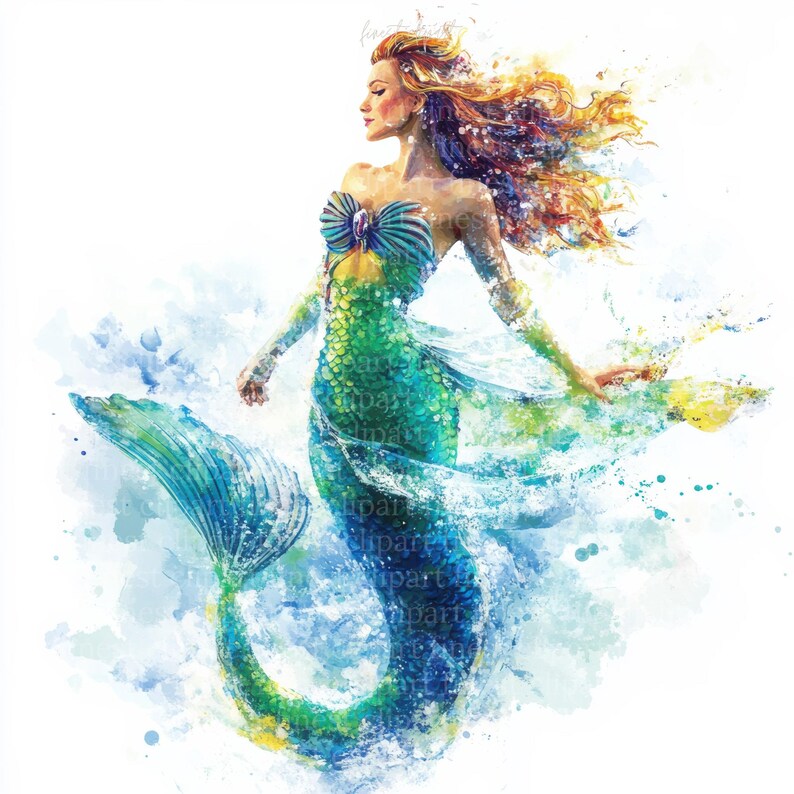 11 Colorful Mermaid Watercolor Clipart, Swimming Mermaids, JPG With ...